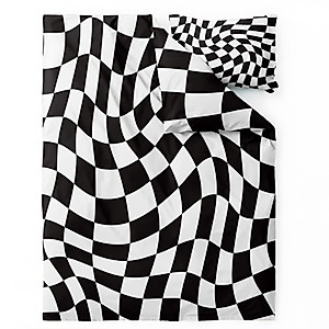Optical Illusion Duvet Cover Twin, Black and White Checkered Geometric Checkerboard Psychedelic Bedding Set & Bedroom Decor - Breathable Microfiber, 2 Pillow Shams, with Zipper Closure & Corner Ties