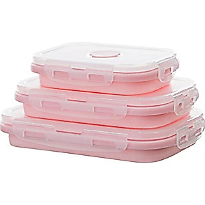 Set of 3 Collapsible Silicone Food Storage Container, Leftover Meal box For Kitchen, Bento Lunch Boxes, BPA Free, Microwave, Dishwasher and Freezer Safe, Foldable Thin box Design (Pink)