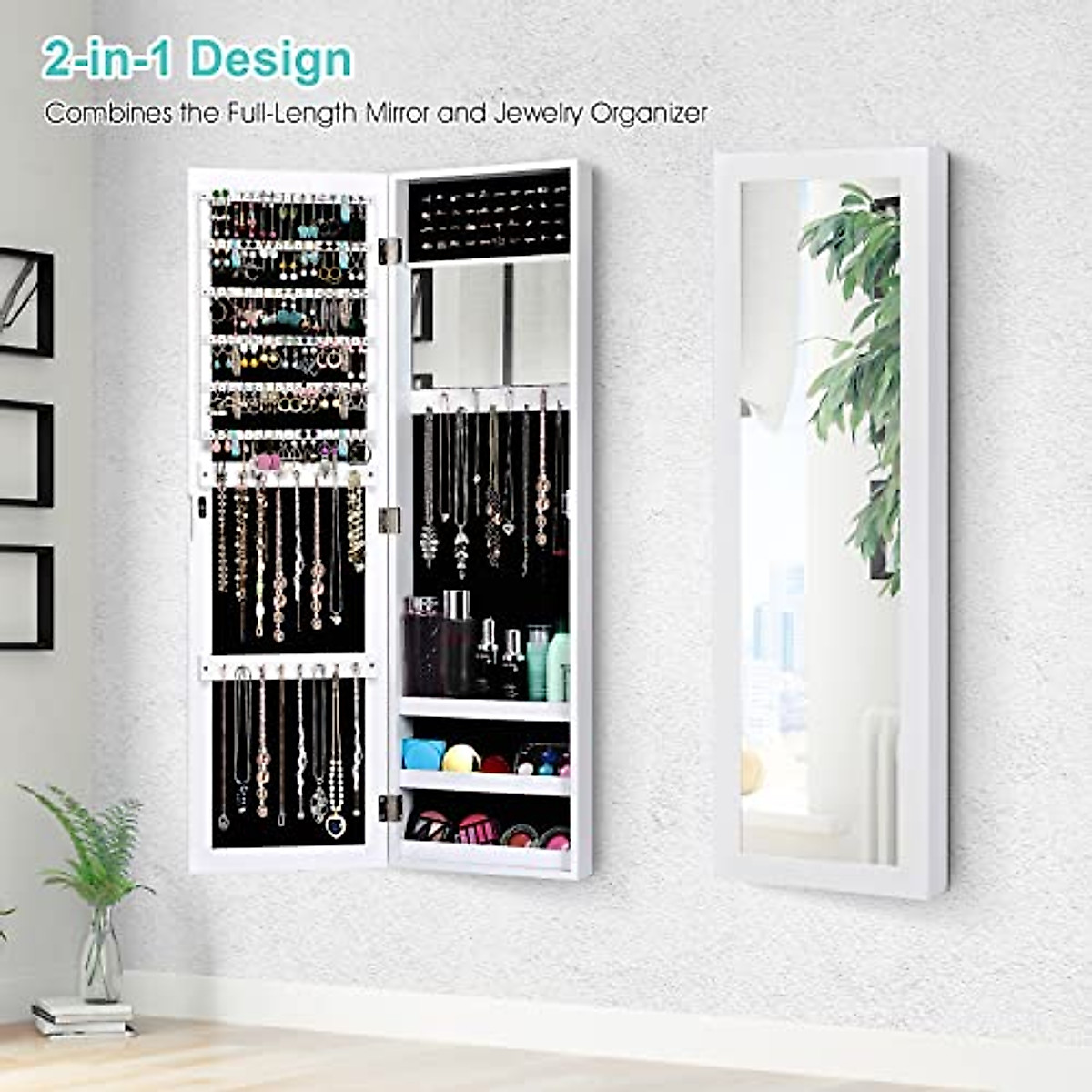 COSTWAY Full Length Mirror Jewelry Cabinet, Wall Door Mounted Jewelry Organizer w/Makeup Mirror, Ring Slots & Necklace Hooks, Large Storage Jewelry Armoire for Bedroom, Dressing Room (White)