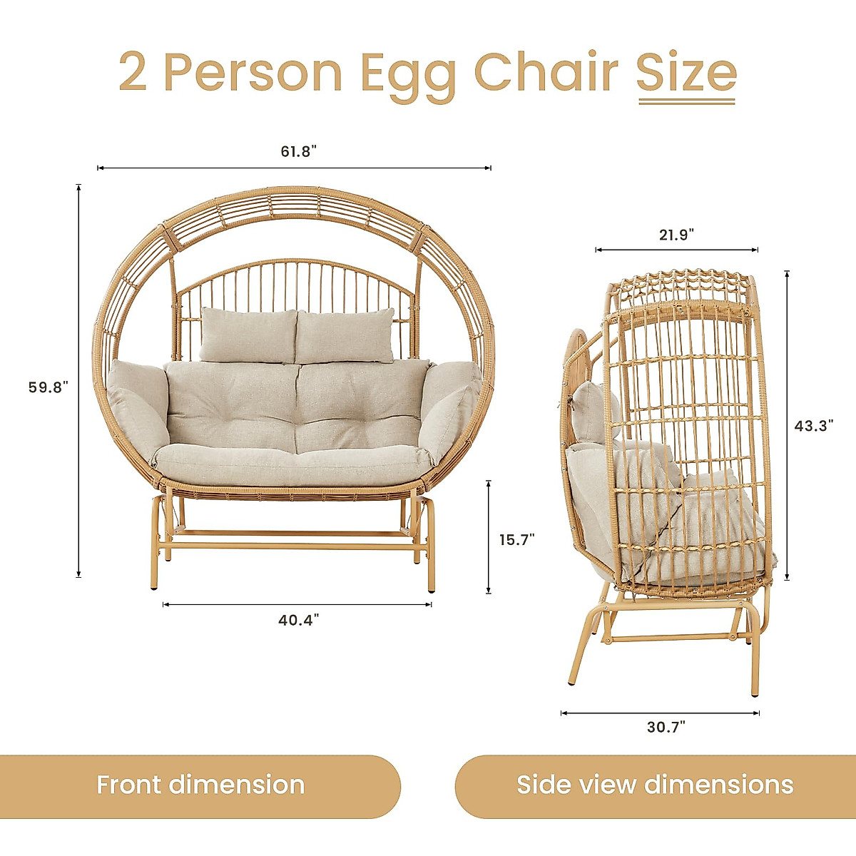 LUMIINOFAMI Outdoor Glider Egg Chair, Oversized 2 Person Egg Rocking Chair with Thick Cushions, Wicker Egg Chair Rattan Porch Furniture Loveseat Lounge Chair for Bedroom Sunroom Backyard(Yellow)