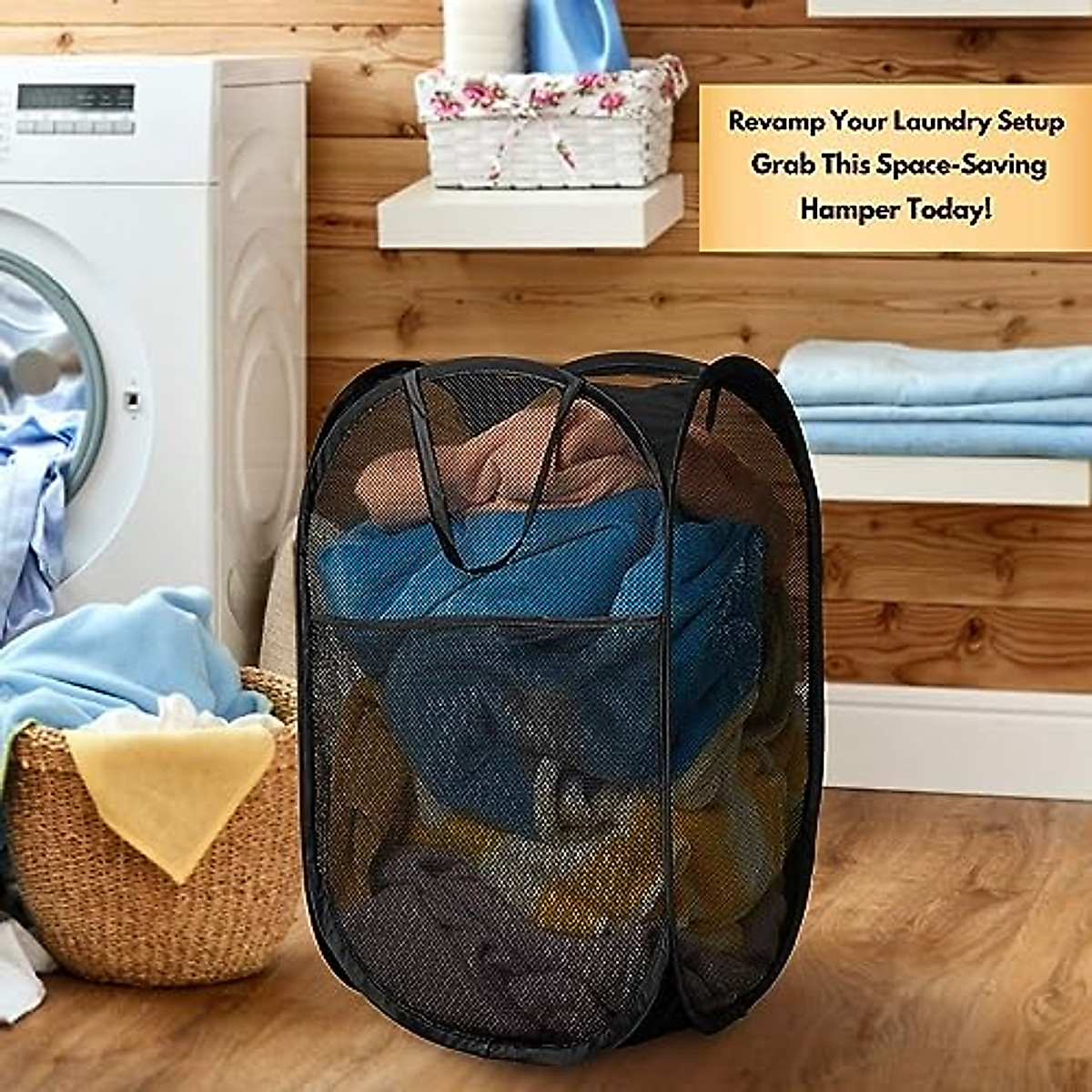 Simplized Popup Laundry Hamper - (1 & 2 Pack) Foldable Pop-up Mesh Hamper Dirty Clothes Basket with Carry Handles