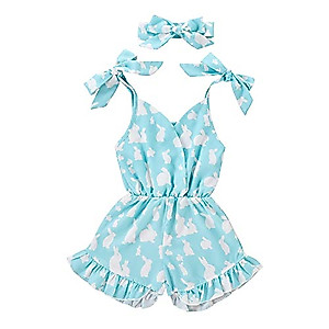Flashing boy One-Piece Toddler Kid Baby Girl Easter Outfit Bowknot Strap Romper Ruffle Bunny Print Jumpsuit Headband (Blue-Rabbit, 3-4 Years)