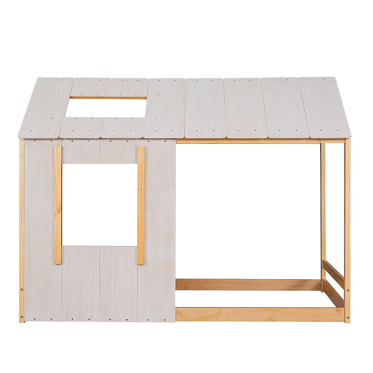 Twin House Bed for Kids, Wooden Twin Floor Bed Frame with Roof and Window, for Girls Boys (Twin Size, Natural+Antique White)
