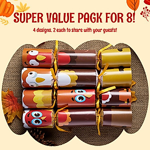 JOYIN 8 PACK Thanksgiving Party Favor,Turkey Style Thanksgiving Cracker,Party Games for Fall Holiday, No Snap Party Table Favor Set with Joke Dice & Gifts,Thanksgiving Holiday Cracker for Kids Adults