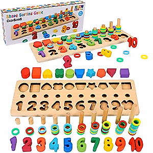 CozyBomb Wooden Number Puzzle Sorting Montessori Toys for 1 Year Old Toddlers - Shape Sorter Counting Game for age 3 4 5 year olds - Preschool Education Math Stacking Block Learning Wood Chunky Jigsaw