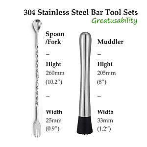 TNCO Muddler for Cocktails, 10" Muddler and Bar Spoon Cocktail Mixing Spoon, Stainless Steel Cocktail Muddler Stirrer, Cocktail Spoon Long Handle, Bar Accessories Tools for Mojitos Fruit Drinks