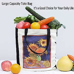 Sanmuci Canvas Tote Bag, Aesthetic Pattern Zipper Tote Bag, Reusable Oversized Plus Inside Pocket Grocery Bag, Supermarket, Beach, Van Gogh - Vase with Five Sunflowers