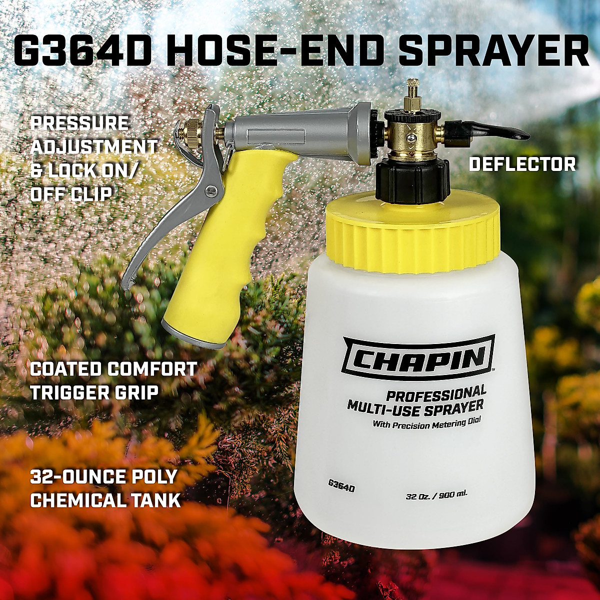 Chapin G364D Made in the USA 32 Ounce Professional Lawn and Garden Hose-End Sprayer With 16 Mixing Rations on the Metering Dial, Built-in Anti-Siphon, Translucent White