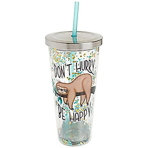 Spoontiques - Glitter Filled Acrylic Tumbler - Glitter Cup with Straw - 20 oz - Stainless Steel Locking Lid with Straw - Double Wall Insulated - BPA Free - Sloth