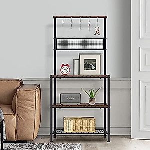 AZL1 Life Concept Industrial Kitchen Rack Cupboard with 10 Hooks, Mesh Panel, 3 Shelves, and Adjustable Feet, for Microwave Oven Cooking Utensils, 33.1 inches, Rustic Brown