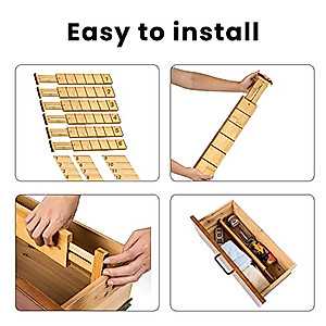 NuStar Technology 6 Pack Bamboo Drawer Dividers with 12 inserts – 16.3-22 Inches Expandable and Adjustable Drawer Dividers for Baby Clothes, Kitchen, Office, Organizer, with Non-Skid Grip