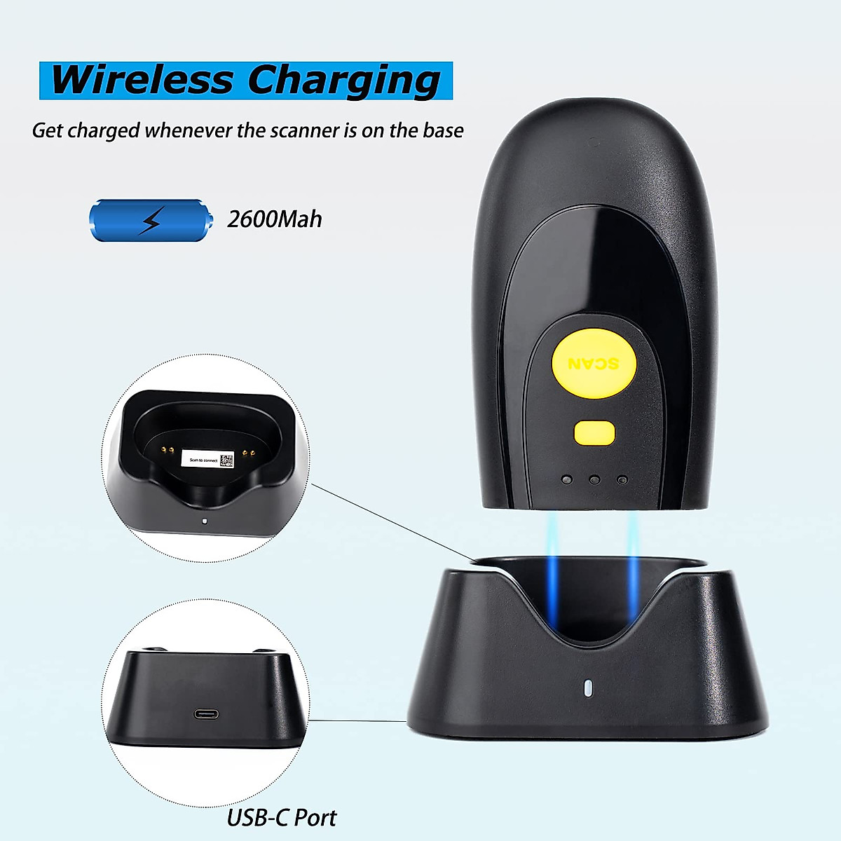 TEEMI Bluetooth Barcode Scanner with Charging Dock Data Receiver, Mini Bar Code Scanner with Neck Wrist Lanyard Included Handheld 2D QR Bar Code Reader for Tablet iPhone iPad Android iOS (Black)