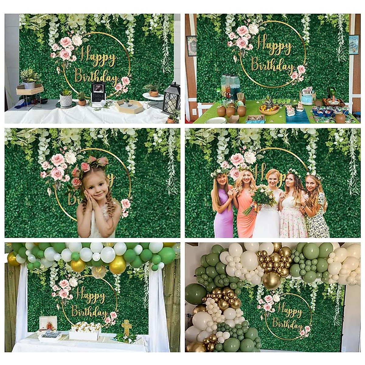 Greenery Happy Birthday Backdrop for Women Girls Flower Green Grass Backdrop Wall for Party Birthday Background Photography for Photoshoot Banner Decoration 7x5ft