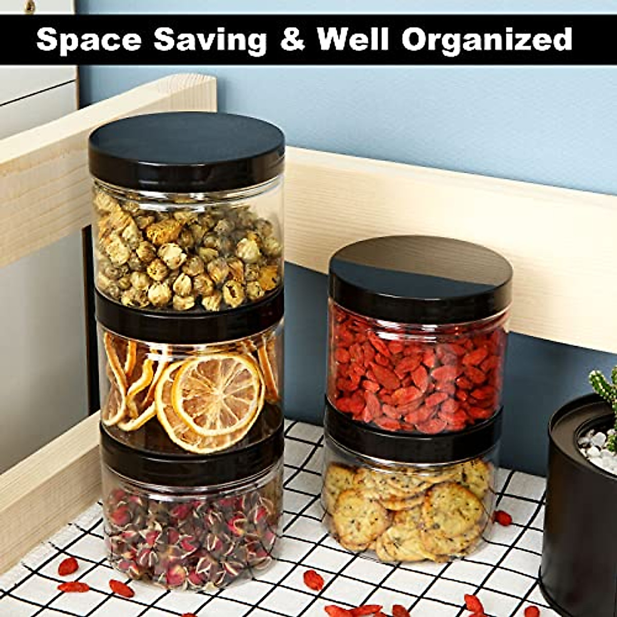 18 Pack 10.8 Oz Plastic Jars with Lids, Clear Round PET Wide-Mouth Container for Slime, Cosmetics, Bathroom, Kitchen, Tool Accessories, Gift, and Traveling Storage, BPA Free, Black Lids