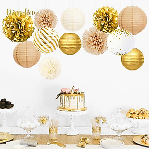 NICROHOME Gold and White Party Decorations, 12 PCS White Gold Champagne Tissue Paper Pom Poms and Lanterns for Birthday Graduation Baby Shower Bridal Prom Festival Decorations and Party Decor