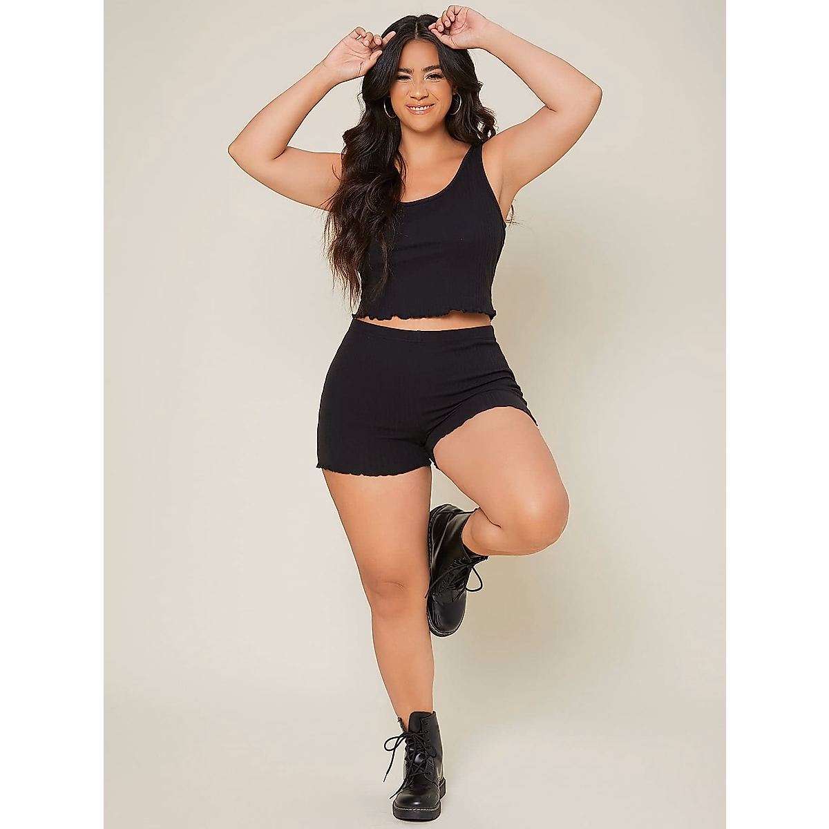 Floerns Women's Plus Size Rib Knit Crop Tank Top and Shorts Pj Set Sleepwear Black 1XL