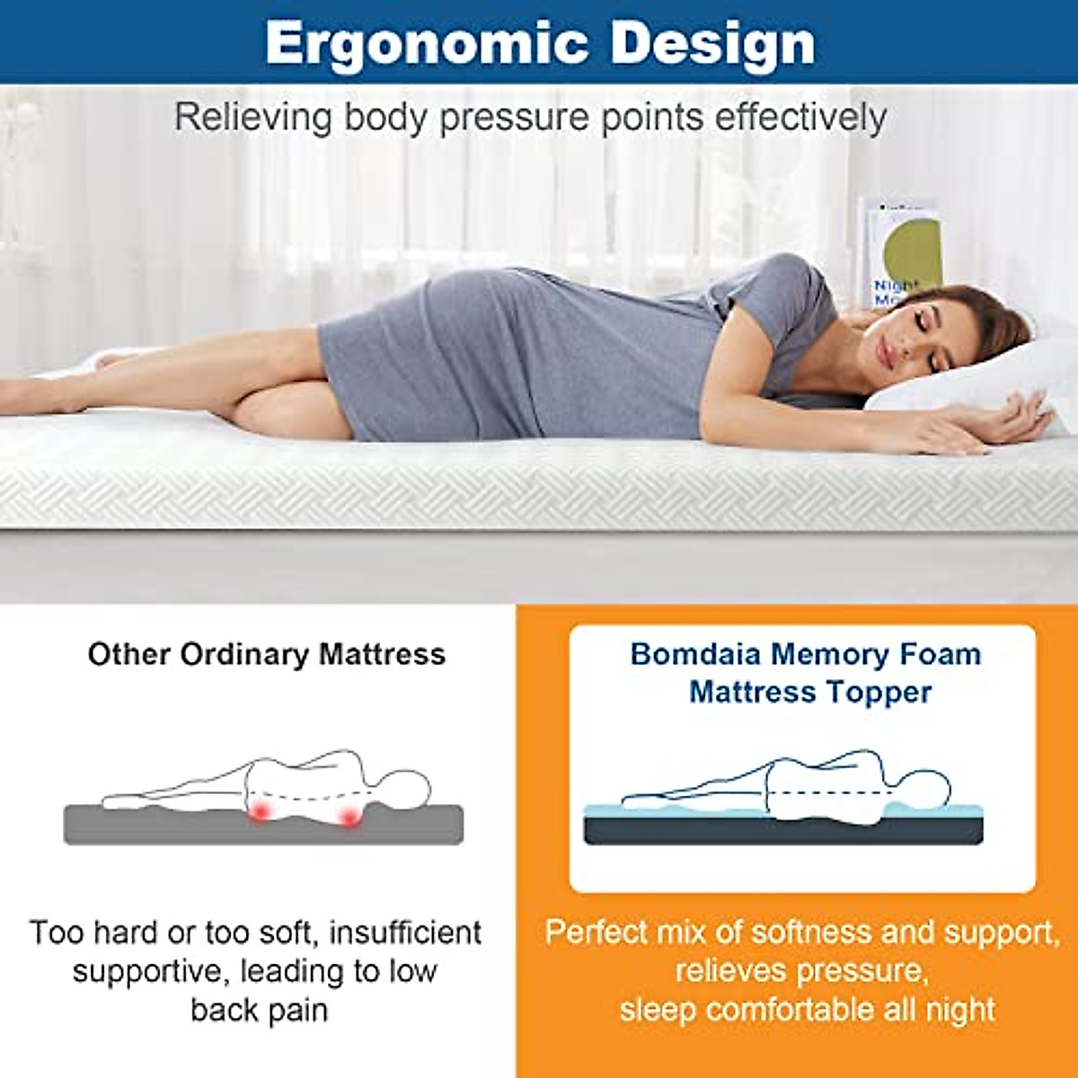 Bomdaia 3 Inch Gel Memory Foam Mattress Topper Full Size Cooling Mattress Pad Pressure Relief Bed Topper for Back Pain, High Density Bamboo Charcoal Firm Topper with Removable & Washable Cover