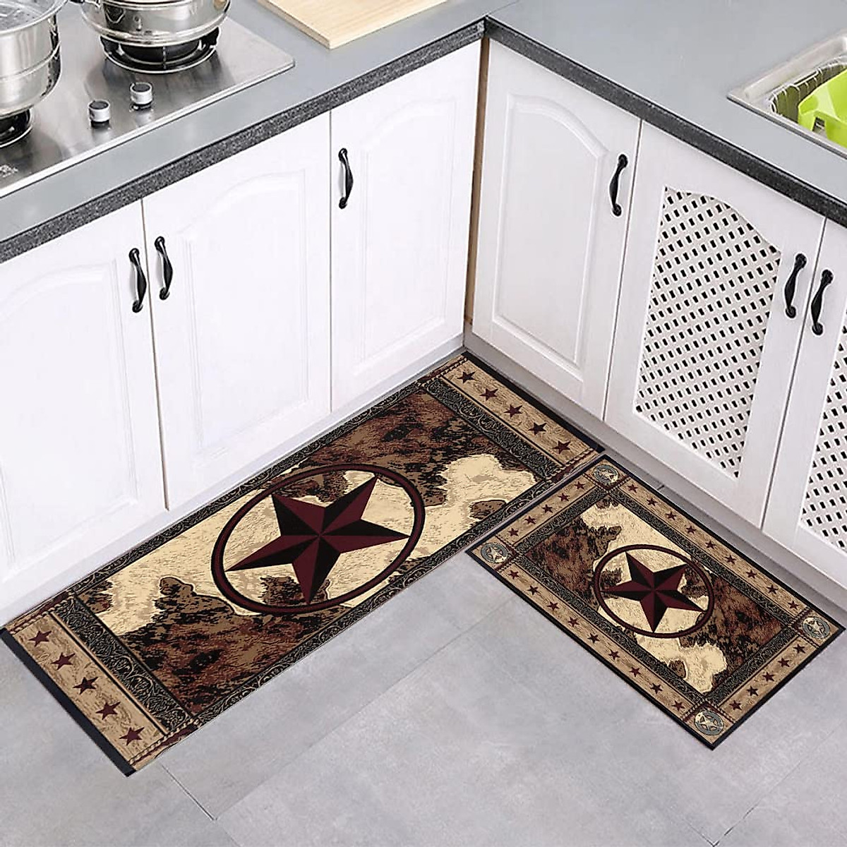 2 Pieces Non-Slip Vintage Style Kitchen/Bath Rug Runner Mat, Super Absorbent Rugs, Washable Carpet Kitchen Mats 15.7x23.6inch+15.7x47.2inch, Western Texas Star on Wood Panel Rustic