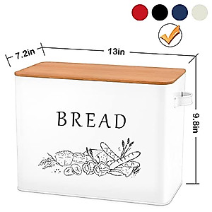 E-far Bread Box for Kitchen Countertop, Metal Bread Storage Container Bin with Bamboo Lid for Cutting Bread, Extra Large & Farmhouse Style, 13” x 7.2” x9.8”, White