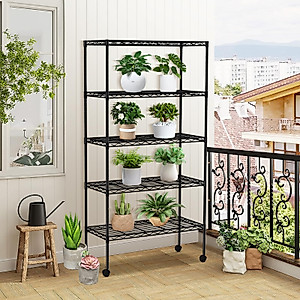 YYkokocat 5-Tier Wire Shelves 61" H x 30" x 14" Metal Storage Shelves Adjustable Wire Shelving Rack with Wheels & Leveling Feet NSF Metal Shelf Unit for Kitchen Pantry, 1200Lb Capacity, Black