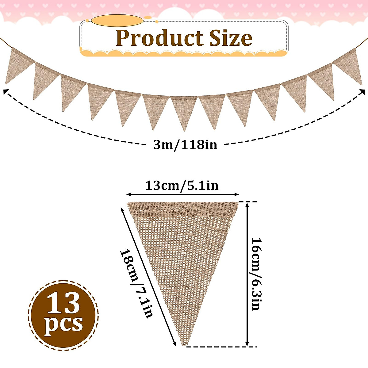 13 PCS Burlap Banners to Decorate Blank 5.31"X6.69" Burlap Pennant Banner, DIY Customizable Burlap Banner Faux Burlap for Birthday, Graduation and Wedding