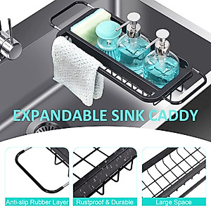 TOOLF Expandable Sink Caddy, Sink Drying Rack with Dish Towel Bar, Over The Sink Adjustable Sink Organizer for Kitchen, Rustproof Sponge Holder Organizer