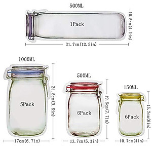 18pcs Mason Jar Zipper Bags,Food Storage Snack Sandwich Ziplock Bags,Reusable Airtight Seal Food Storage Bags,Leakproof Food Saver Bags for Travel Camping and Kids (Tallx1+Lx5+Mx6+Sx6)