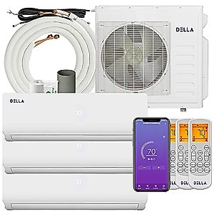 Della 36K BTU (12K 12K 12K BTU) ODU Tri 3 Zone 19 SEER2 208-230V Cools Up to 1650 Sq.Ft Wifi Energy Efficient Multi Zone Ductless Mini Split Air Conditioner Pre-Charged Heat Pump Full Set