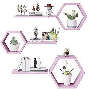 LUDORU Wooden Hexagon Floating Shelves Wall Mounted,Set of 6 Pine Hexagon Shelves Display for Photos,Plants,Rustic Honeycomb Shelves for Living Room,Bedroom,Bathroom, Kitchen, Office Decor, Pink