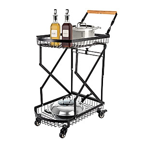 Folding Collapsible Cart, 2-Tier Mobile Folding Utility Trolley with Handle and Wheels,Heavy Duty Foldable Shopping Carts with Storage Basket for Groceries,Black Grocery Cart on Wheels,Load 88lbs