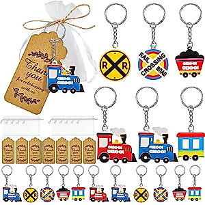 Inbagi 24 Pcs Train Theme Party Keychains for Kids Silicone Train Keychains Train Party Favors Train Birthday Party Decorations with Organza Bag and Thank You Kraft Tag for Birthday Party Gift