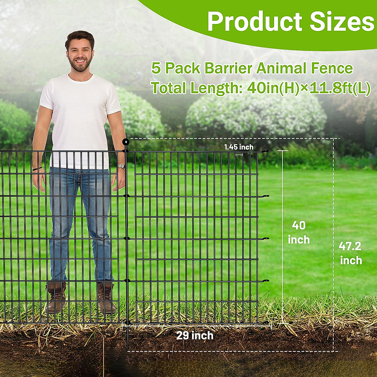 5 Panels No Dig Decorative Outdoor Garden Fence for Yard, 40 in(H) X 11.8 ft(L) Animal Barrier Fencing Rustproof Metal Wire Panel Border for Dog, Rabbits, and Patio Temporary Ground Stakes
