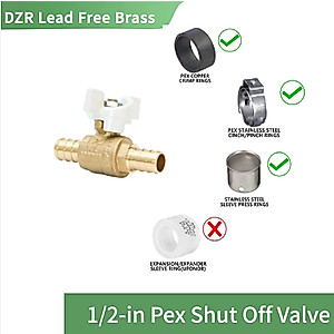 1/2-in Brass Pex Ball Valve, 1/4 Turn Pex Shut Off Valve with White T-handle,1/2" Mini Brass Pex Barb Valve for Pex Tubing for Hot or Cold Water- (2-Pack)