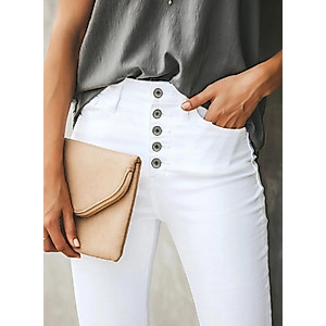 Sidefeel Womens High Waist Skinny Jeans Button Fly Raw Hem Elegant Denim Pants US14 White