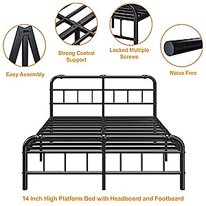 Bednowitz Bed Frame Queen Size, Heavy Duty Metal Slats Support Mattress Foundation, 14 Inch High Platform Bed with Headboard and Footboard, No Box Spring Needed, Noise Free, Easy Assembly, Black