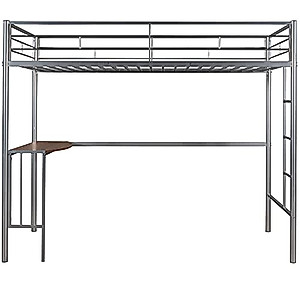 BOVZA Twin Size Loft Bed with Desk, Metal Bed Frame with Ladder and Guardrails, for Kids Teens Adults, Silver