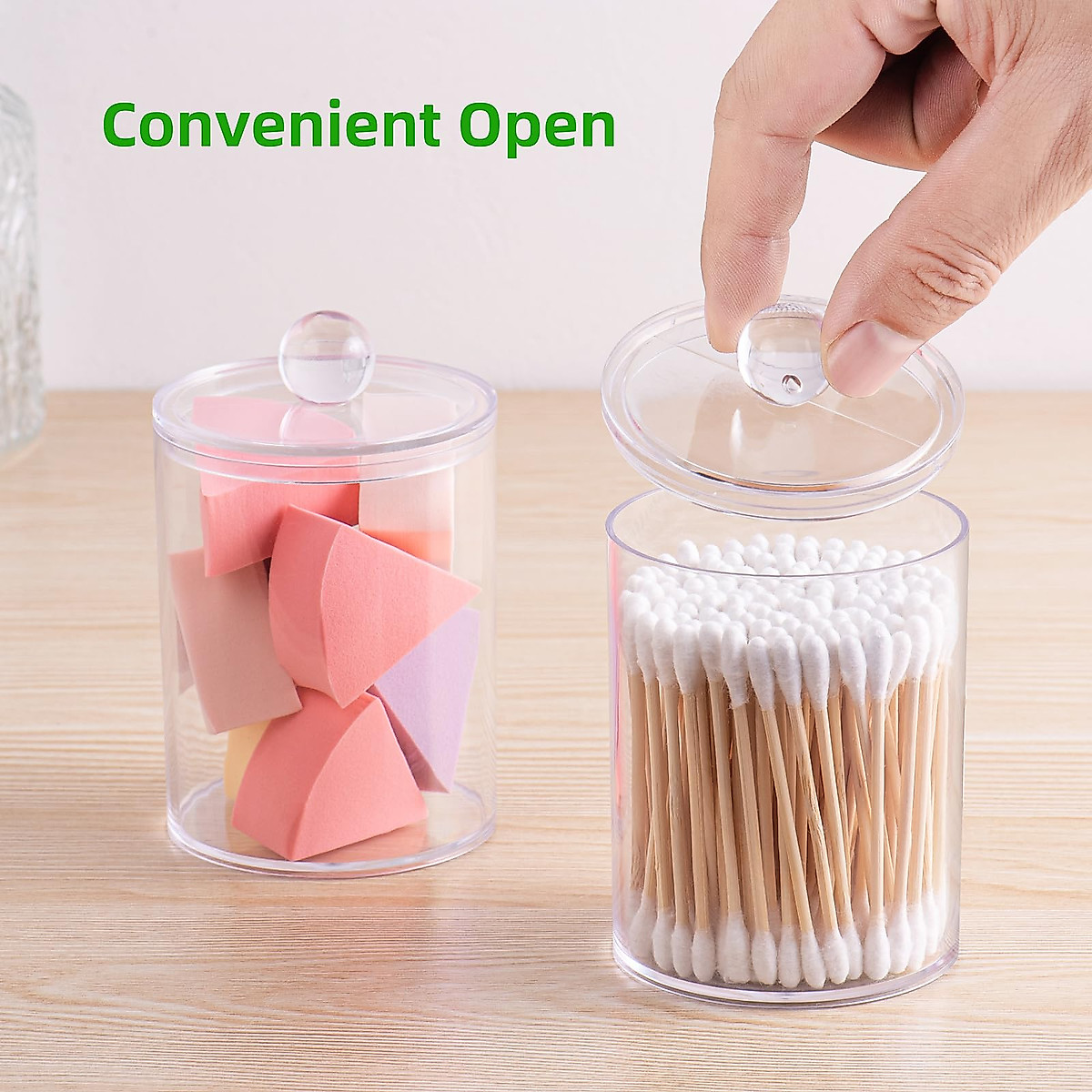 XIPENGKEJI 4 Pack Qtip Holder, Apothecary Jars Cotton Ball Holder Dispenser, Bathroom Jars with Lids Set for Cotton Round, Cotton Swab, 10oz Plastic Canisters Restroom Bedroom Vanity Organizer (Clear)