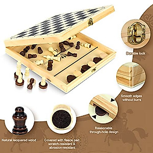 BremToy 4 in 1 Chess Sets-Wooden Chess & Checkers Set, Sling Puck and Nine Men's Morris Board Games for Kids Adult, Foldable & Portable Chess Board Set for Travel (12x12inch)