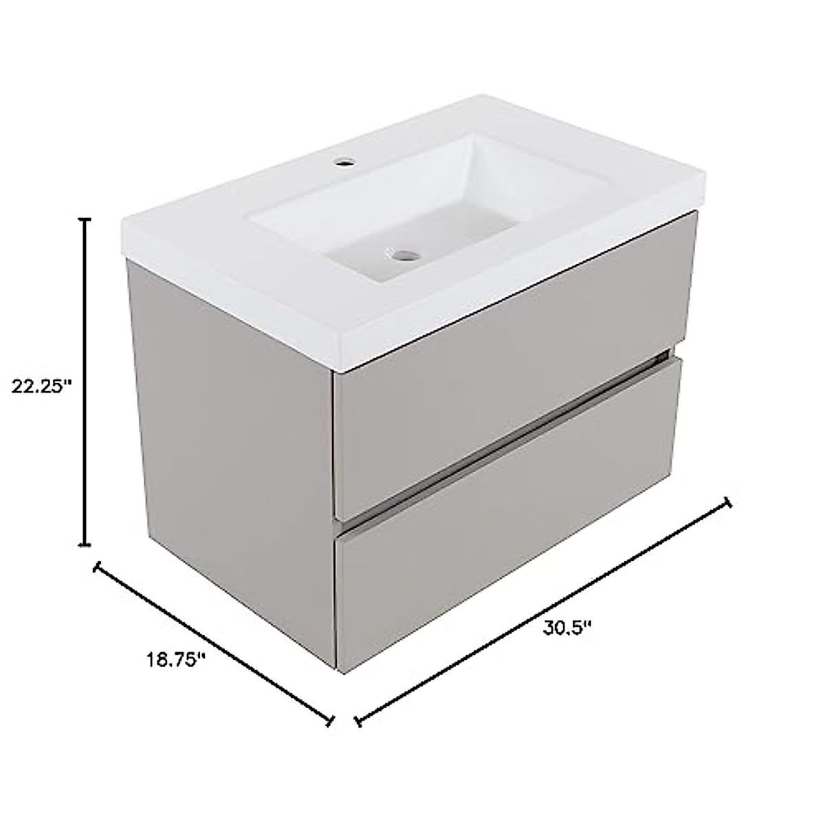 Spring Mill Cabinets Innes Floating Bathroom Vanity with 2 Drawers and White Sink Top, 30.5" W x 18.87" D x 22.25" H,Grey