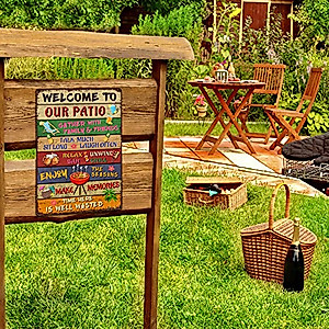 INNSETUU Patio Signs Welcome To Our Patio 12 x 18 Inch Metal Signs Patio Signs and Decor Outdoor Patio Signs and Decor Outdoor Patio Wall Decor Time Here Is Well Wasted Classic