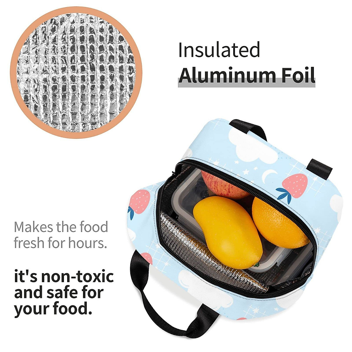 Ucsaxue Cute Strawberry With Clouds, Moon And Stars Lunch Bag Reusable Lunch Box Work Bento Cooler Reusable Tote Picnic Boxes Insulated Container Shopping Bags For Adult Women Men