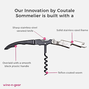 Innovation Waiters Corkscrew By Coutale Sommelier - Black - French Patented Manual Double Lever Wine Bottle Opener for Bartenders and Gifts - Patented Auto Knife Closure