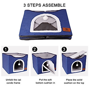 Elevon Cat Beds for Indoor Cats, Foldable Cat House Suitable for All Seasons, Cat Cube Apartment with Cat Scratch Board and Reversible Cushion, Suitable for Multi Small Pet Under 20 lbs, Blue