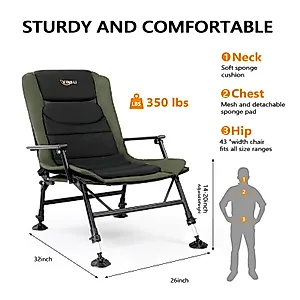 VINGLI Oversized Fishing Chair Heavy Duty Support 440 LBS, 160° Freely Adjustable Reclining Folding Chairs, Lounge Travel Outdoor Seat with High Back for Fishing Camping or Leisure