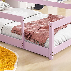 Luxo Abode Twin Size Montessori Floor Bed with Guardrails Fences, Pine Wood Bed Frame w/Chimney House-Shaped Headboard, Easy Assembly, for Toddlers, Children's Room, Playroom, Pink