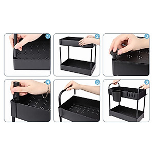 SPACEFIT Under Sink Organizers and Storage, 2 Tier Cabinet Shelf and Bathroom Organizer Rack with Handles, Hanging Cup, Hooks, Countertop Organizer for Kitchen Spices, Cleaning Supplies, Cosmetics