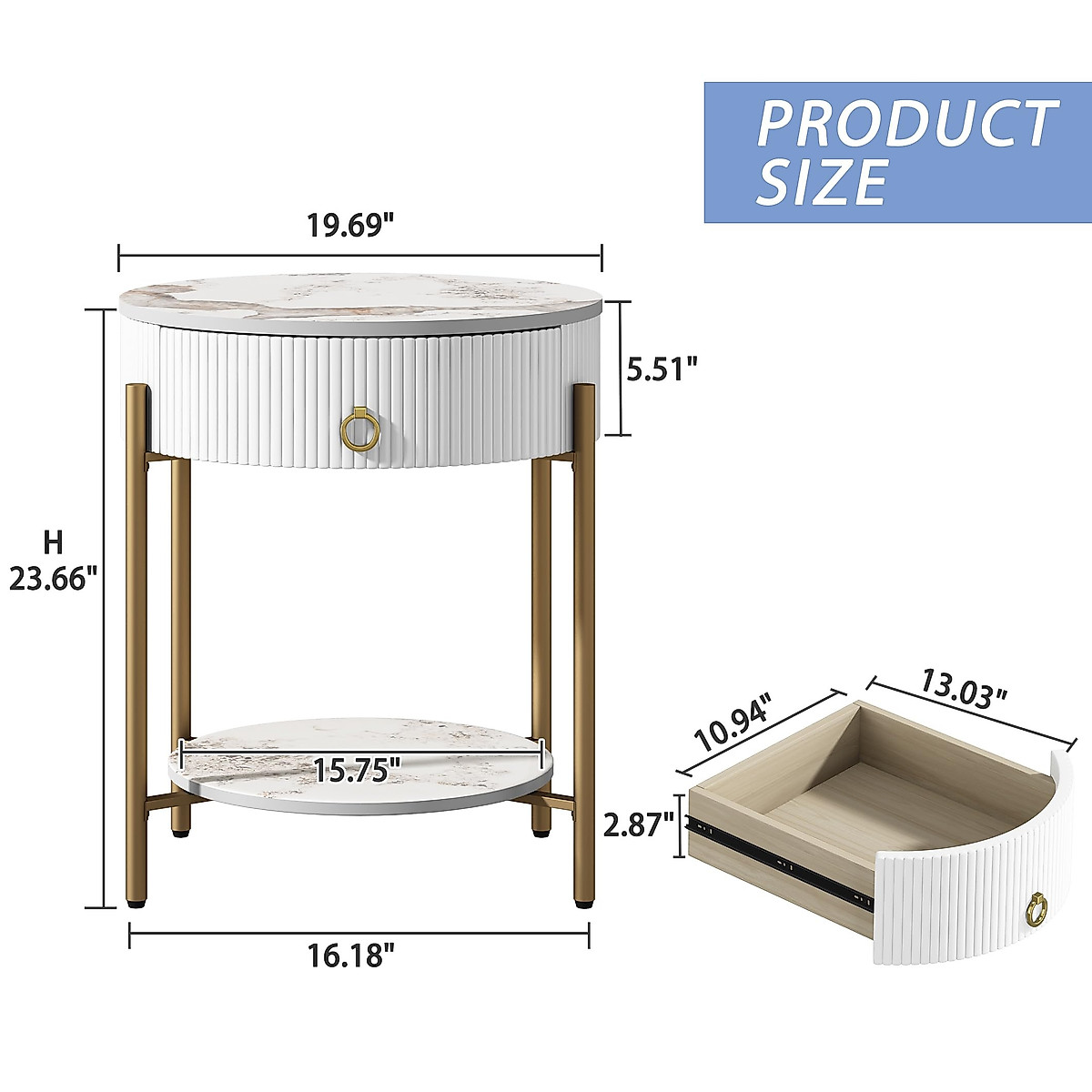 OIOG Modern End Table with Storage Drawer, Round 2-Tier Nightstand with Shelf, Gold Side Table with Metal Legs for Living Room, Bedroom, Office, Marbling Natural Stone/Gold