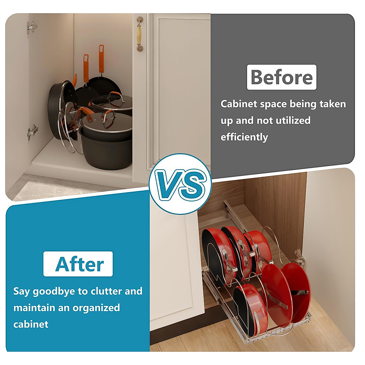 TQVAI Pots and Pans Organizer, Expandable Pot Lid Holder, Kitchen Under Cabinet Organizer for Cutting Board/Cookware/Baking Sheets - Cabinet Request at Least 12.5" W x 18.25" D x 13.5" H