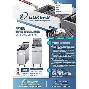 Dukers DCF3-LPG Liquid Propane Gas Commercial Floor Deep Fryer with 3 Tubes Burners 40lb 90,000 BTU