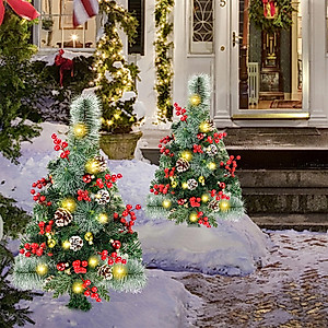 Juegoal 2 Pack 30 Inch Pre-Lit Pathway Christmas Trees, Upgrade Artificial Xmas Urn Filler with 60 LED Lights, Red Berries and Pine Cones Ornaments, Battery Operated Holiday Décor for Driveway, Yard